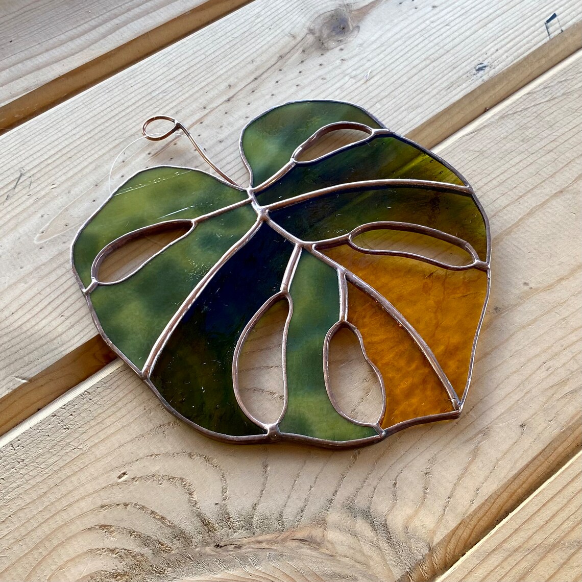 Medium Monstera Leaf in Olive Green and Amber Stained Glass - Etsy