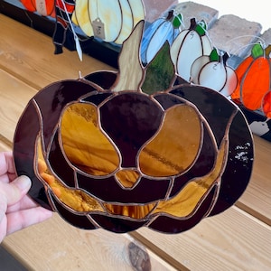 Handcrafted Stained Glass Jack O Lantern Suncatcher in Plum Purple and ...