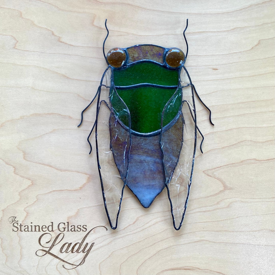 Handcrafted Stained Glass Cicada Beetle Suncatcher in Green and Brown ...