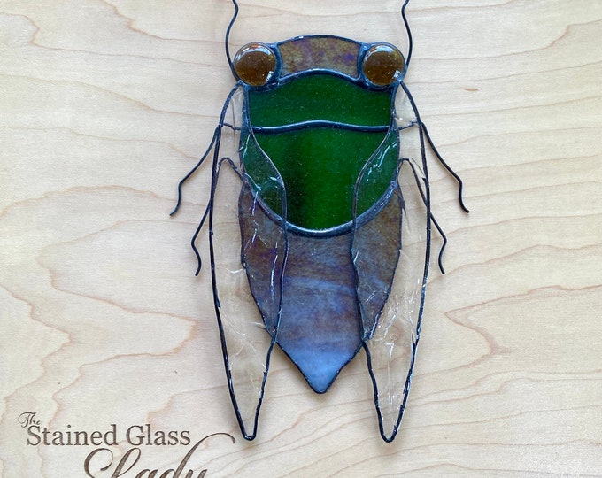 Handcrafted Stained Glass Cicada Beetle Suncatcher in Green and Brown ...