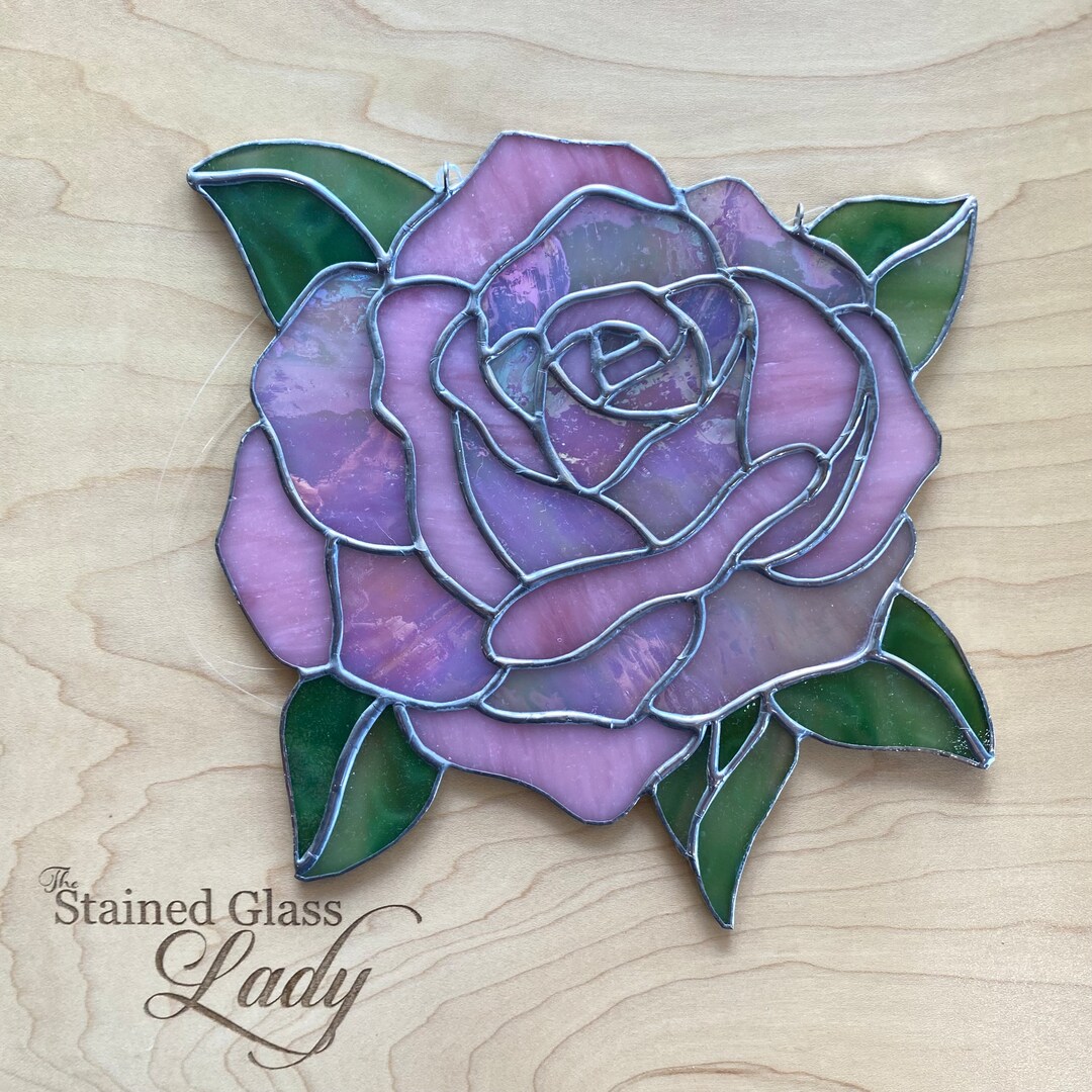 Rose Stained Glass Panel in Pink With Iridescent Accents, Handcrafted ...