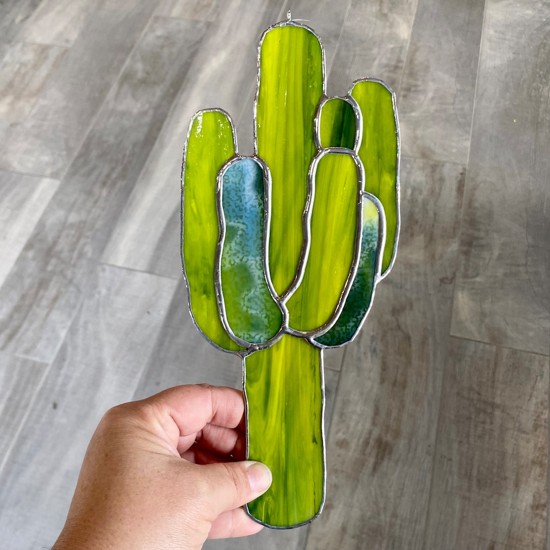 Handcrafted Stained Glass Saguaro Cactus Suncatcher in Lime and Deep ...