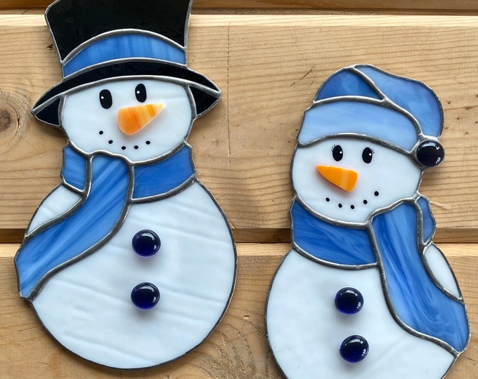 Handcrafted Stained Glass Snowman Suncatcher in Periwinkle Blue ...