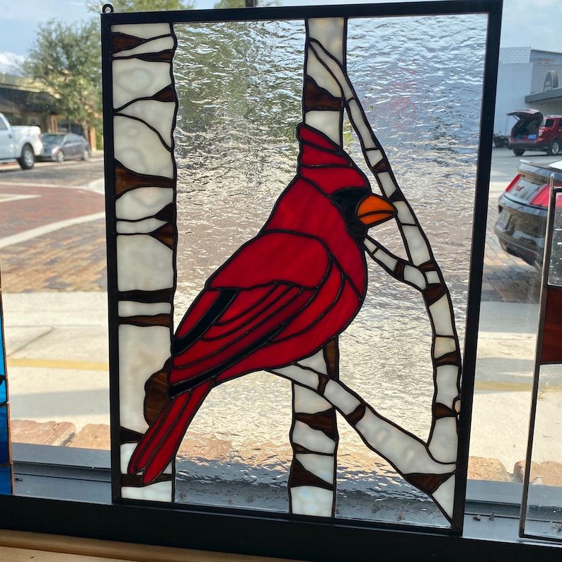 Handcrafted Stained Glass Panel With Red Cardinal and White Birch Trees ...