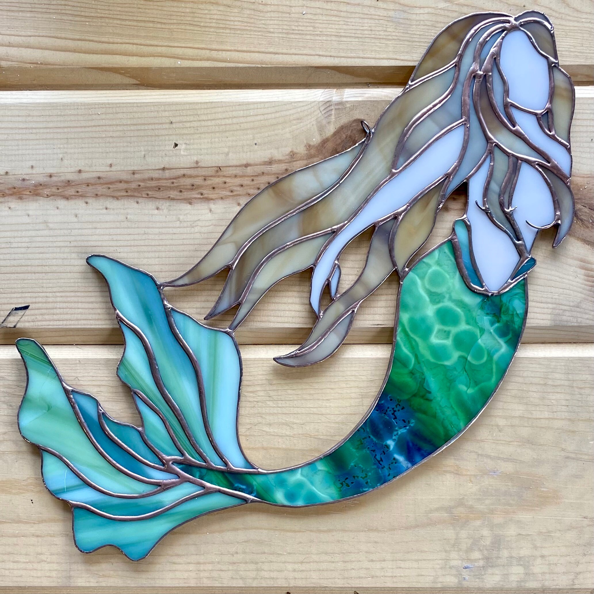 Handcrafted stained glass mermaid suncatcher in green | Etsy