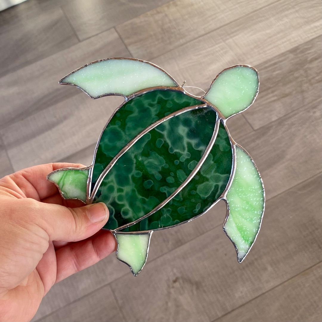 Handcrafted Stained Glass Sea Turtle Suncatcher in Dark Green and Light ...