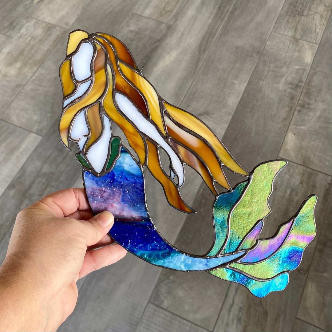 Handcrafted Stained Glass Mermaid Suncatcher in Blue and Teal, Coastal ...