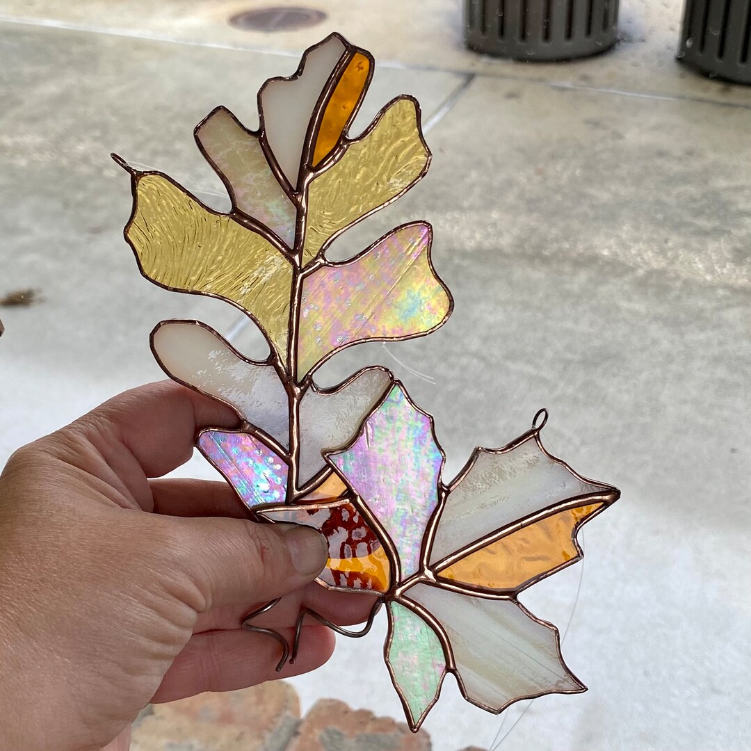 Handcrafted Stained Glass Autumn Leaves in Amber and Ivory, Seasonal ...