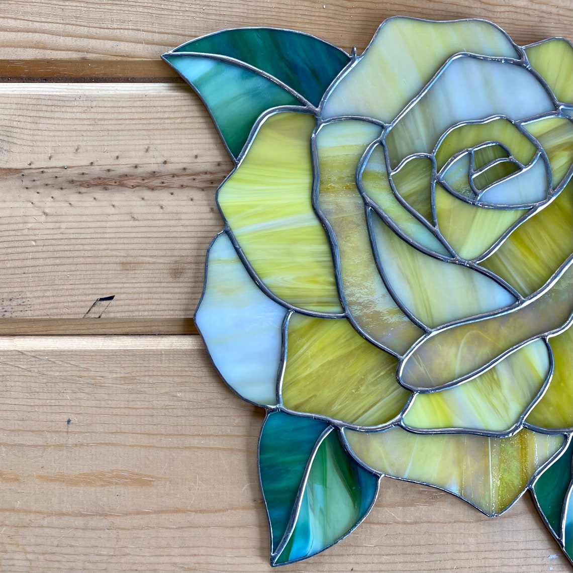 Handcrafted Stained Glass Rose in Yellow and White Wispy With - Etsy