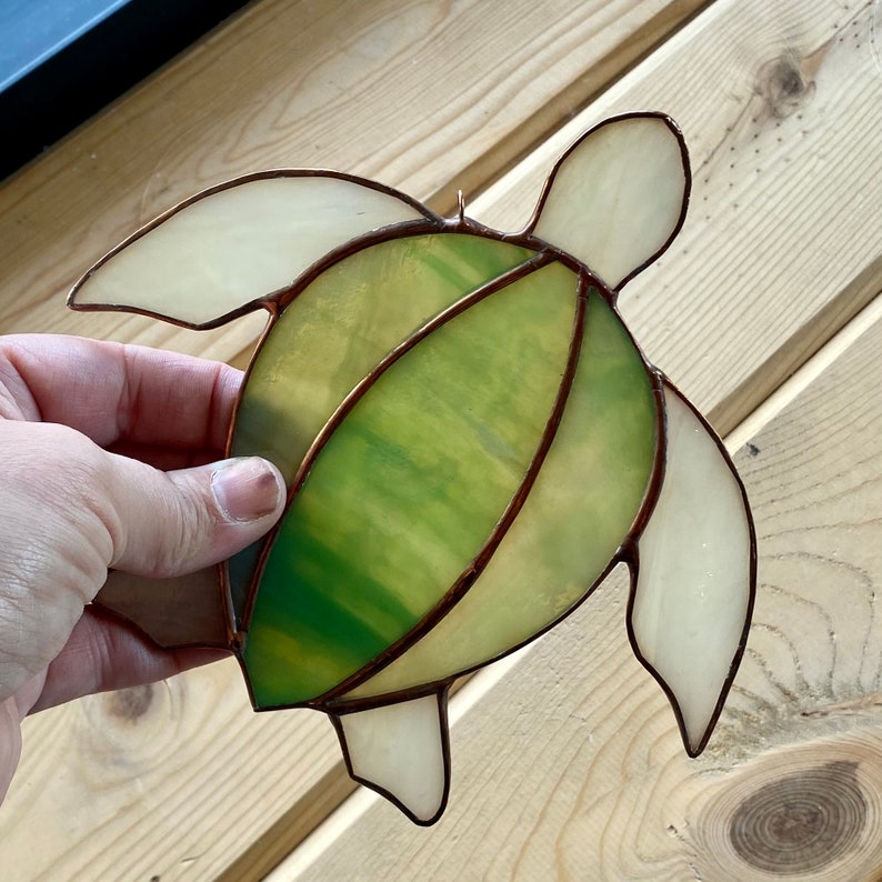 Stained Glass Sea Turtle Suncathcer in Sea Green and Amber - Etsy