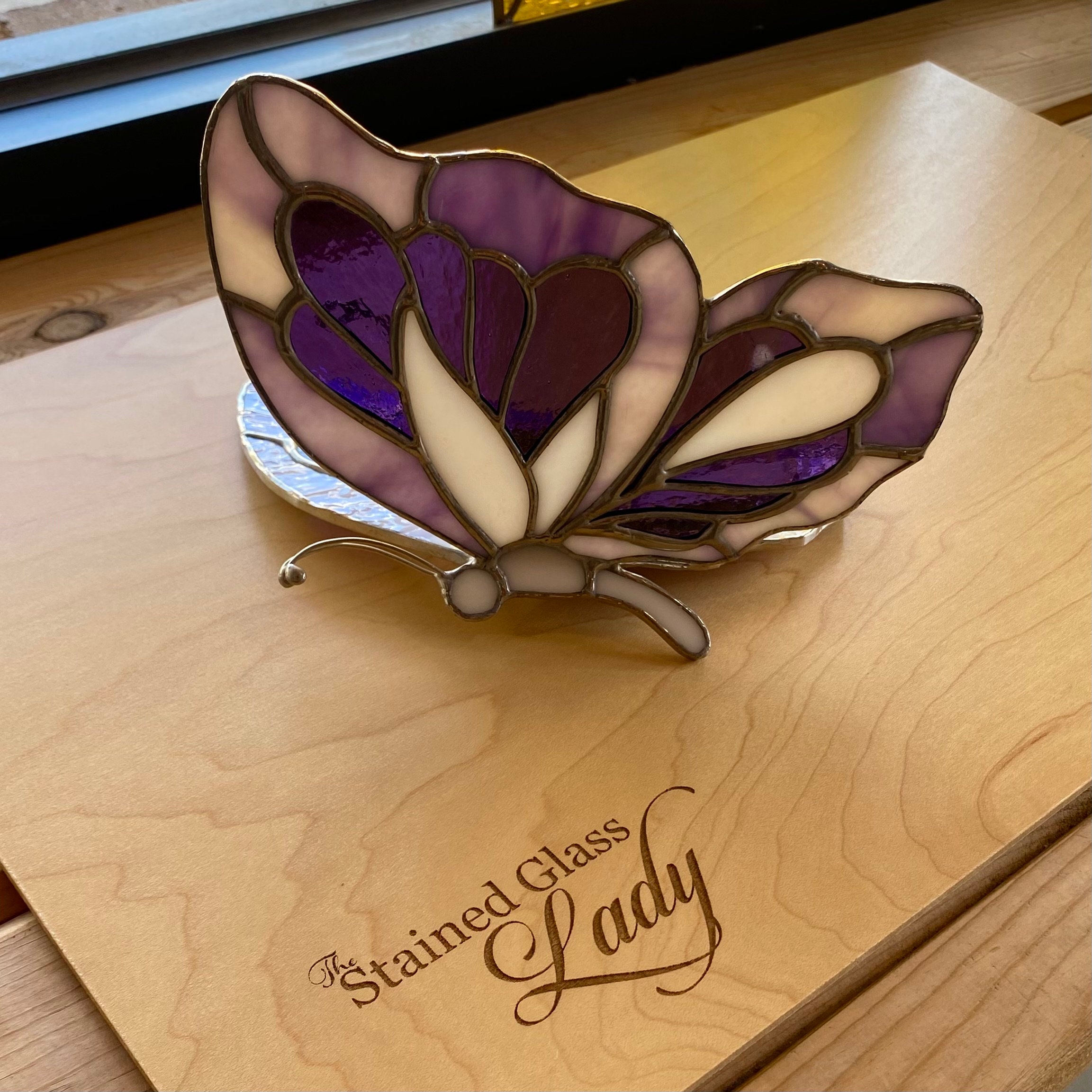 Handcrafted 3-dimensional Stained Glass Butterfly Suncatcher in Purple ...