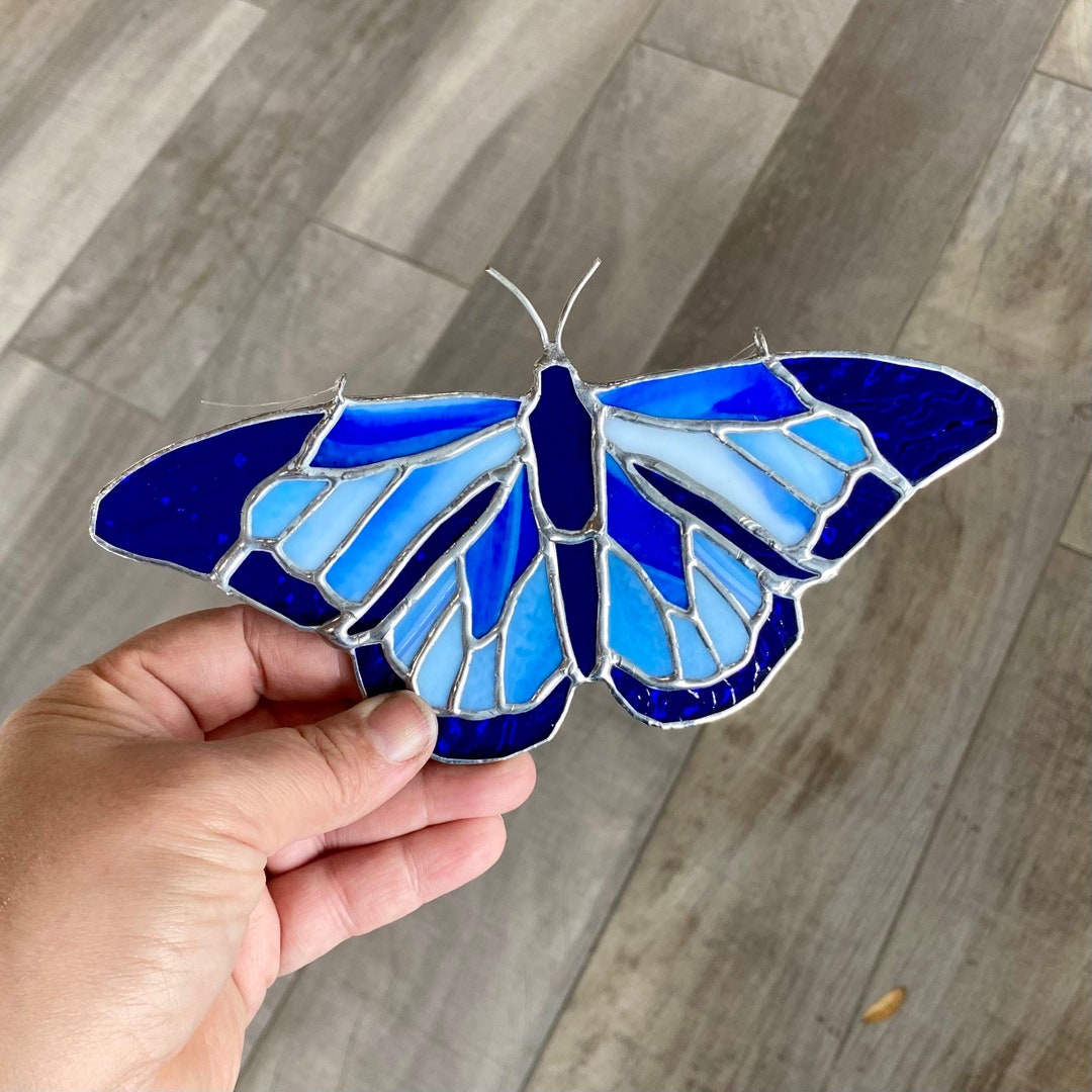 Handcrafted Stained Glass Butterfly Suncatcher in Blues, Nature Home ...