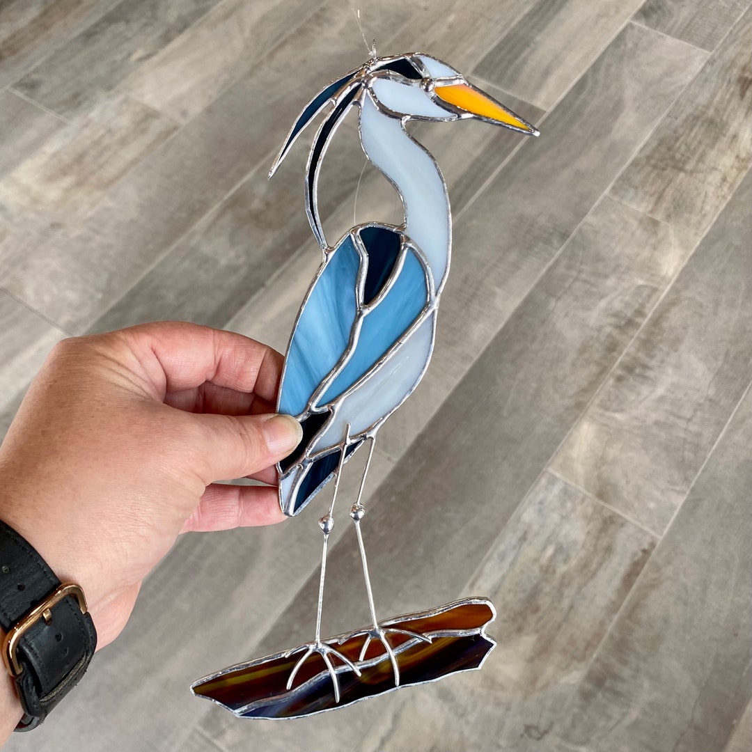 Handcrafted Stained Glass Great Blue Heron Suncathcer, Coastal Home ...