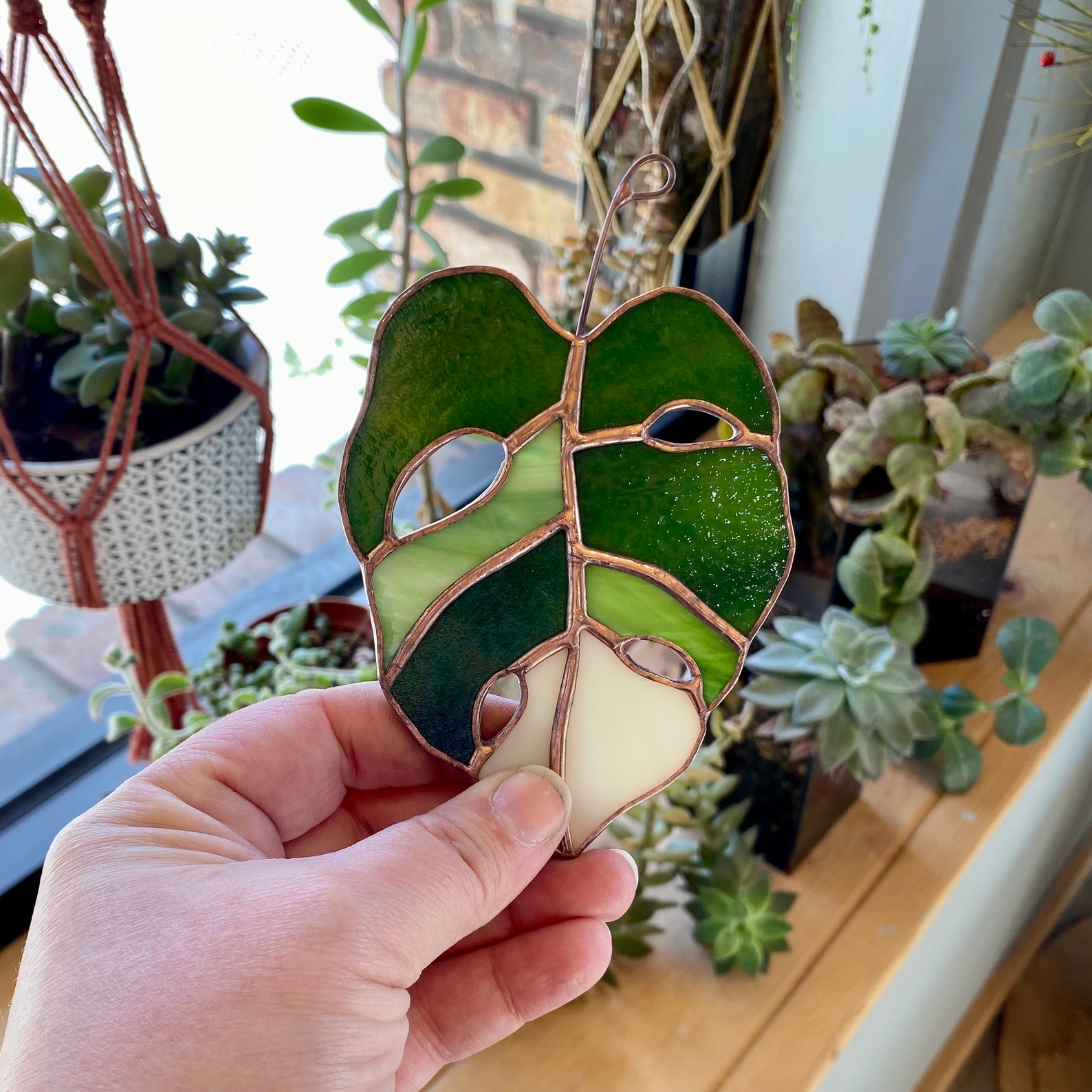 Mini Monstera Leaf in Fern Green and Ivory Stained Glass - Etsy