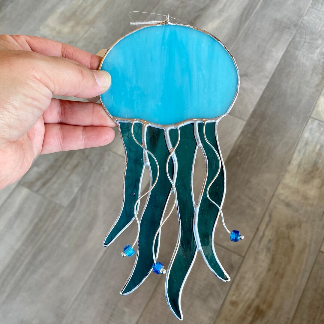 Handcrafted Stained Glass Jellyfish Suncatcher in Aqua Blue, Coastal ...