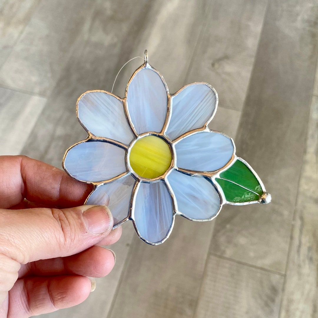 Handcrafted Stained Glass Daisy Suncatcher in White Wispy and Yellow ...