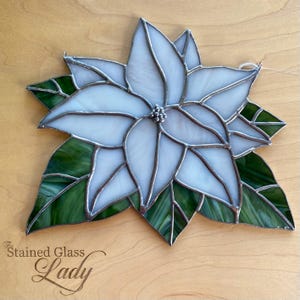 Handcrafted Stained Glass Poinsettia Suncatcher in Ivory, Christmas ...