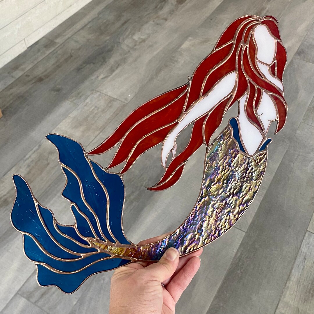 Handcrafted Stained Glass Mermaid Suncatcher in Iridescent Amber/teal ...