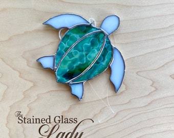 Handcrafted Stained Glass Sea Turtle Suncatcher in Blue/green/pink and ...
