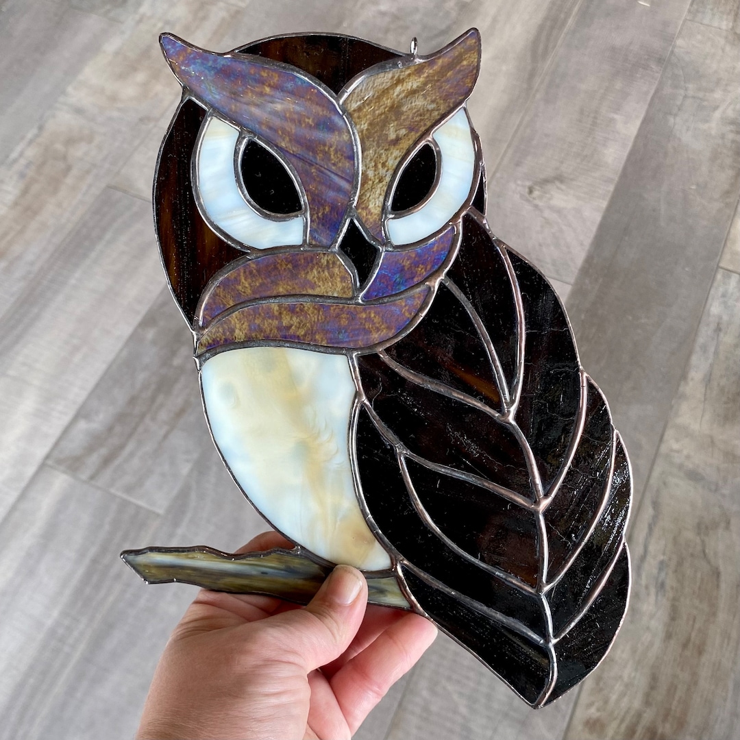Handcrafted Stained Glass Barred Owl Suncatcher in Dark Brown - Etsy