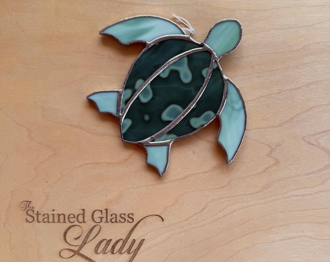 Handcrafted Stained Glass Sea Turtle Suncatcher in Aqua, Pink, White ...