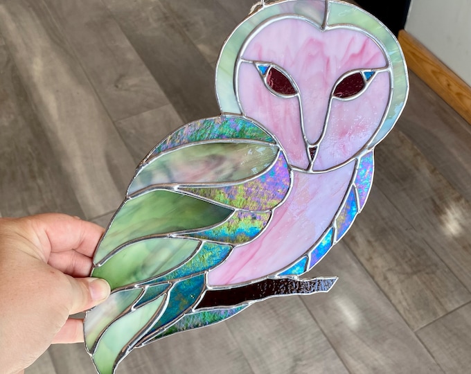 Handcrafted Stained Glass Barn Owl Suncatcher In Iridescent Green Pink Whimsical Home Decor