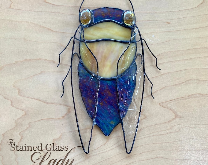 Handcrafted Stained Glass Cicada Beetle Suncatcher in Yellow and ...