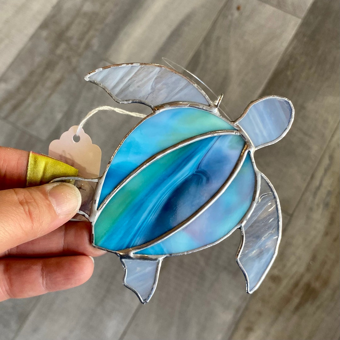 Handcrafted Stained Glass Sea Turtle Suncatcher in Aqua, Pink, White ...