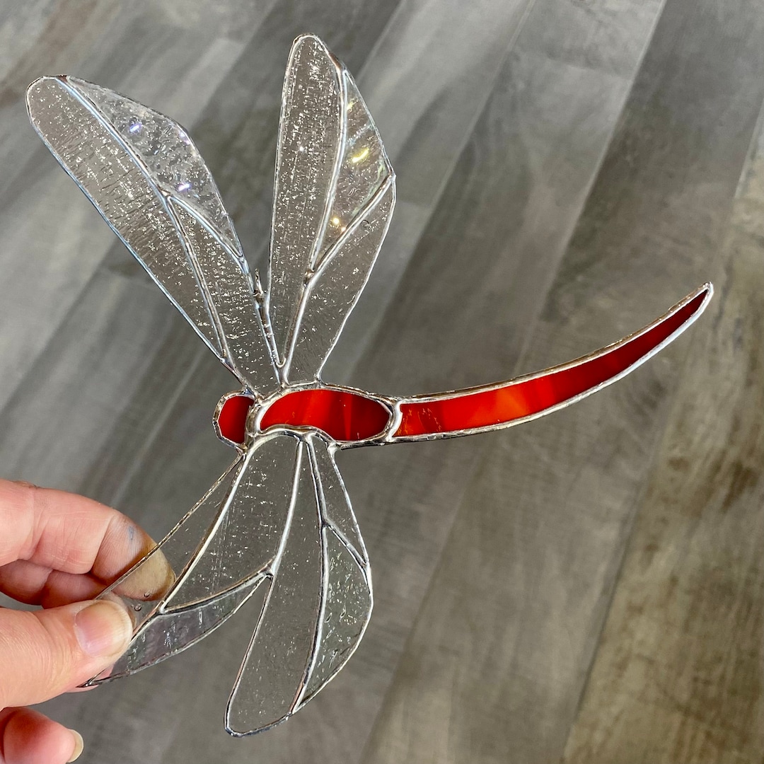Dragonfly Stained Glass Suncatcher in Red, Handcrafted Art Glass Window Hanging or Home Decor ...