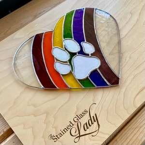 Handcrafted Stained Glass Rainbow Bridge Heart With Paw Print ...