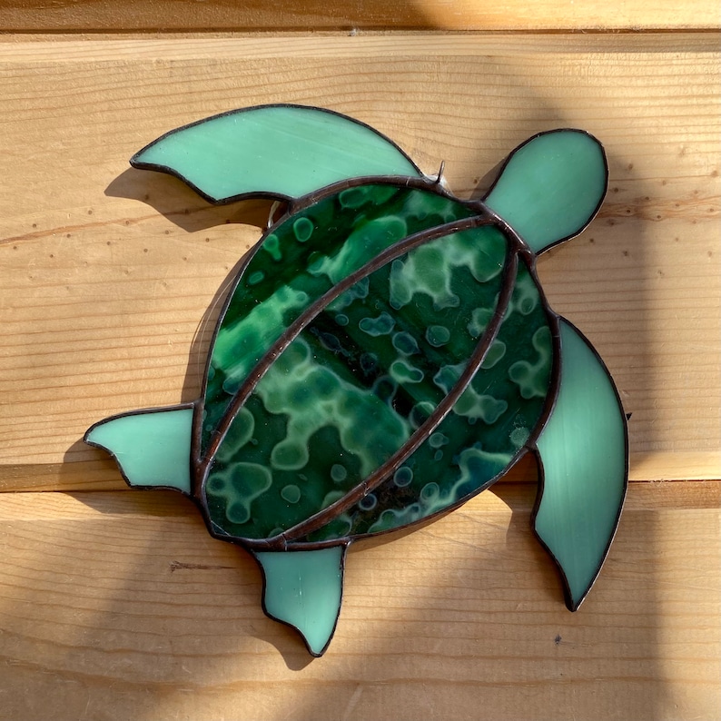 Handcrafted Stained Glass Sea Turtle Suncatcher in Dark Green - Etsy