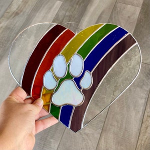 Handcrafted Stained Glass Rainbow Bridge Heart With Paw Print ...