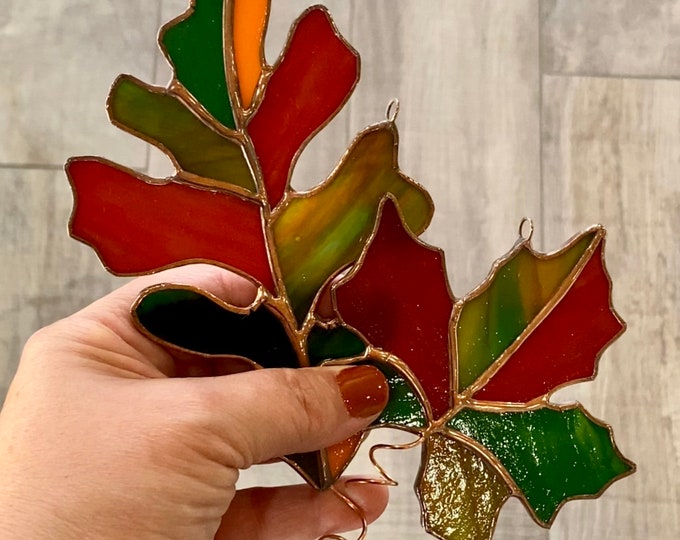 Handcrafted Stained Glass Autumn Leaves in Red-orange and Green ...