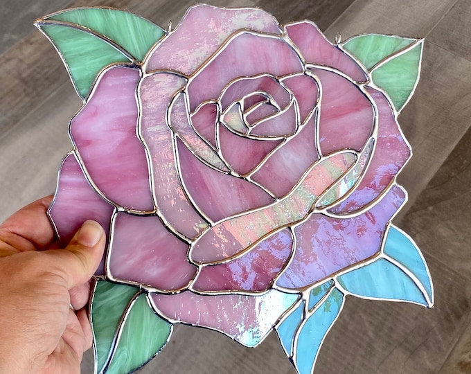 Rose Stained Glass Panel in Pink With Iridescent Accents, Handcrafted ...