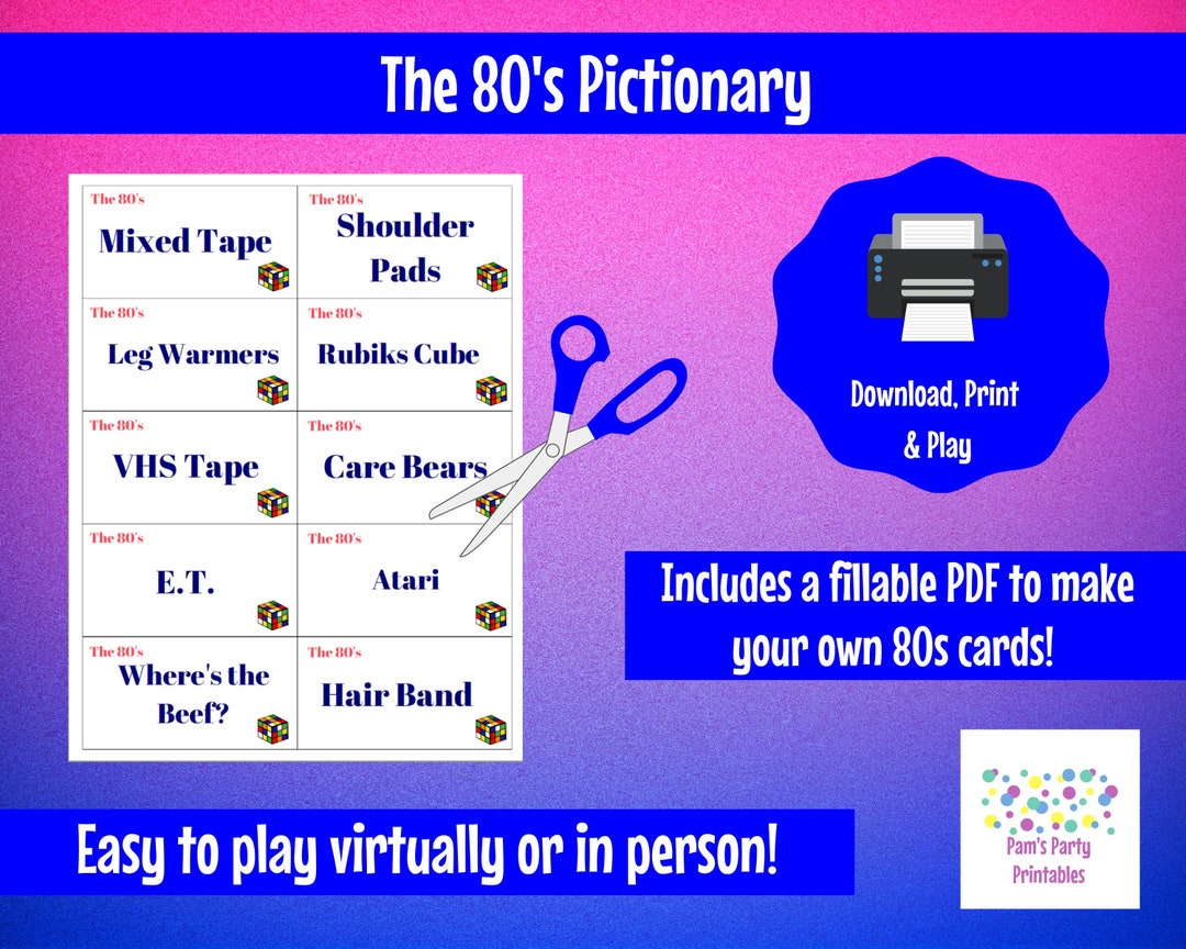 Pictionary imprimible de los años 80, Charadas, Años 80, Noche de ...