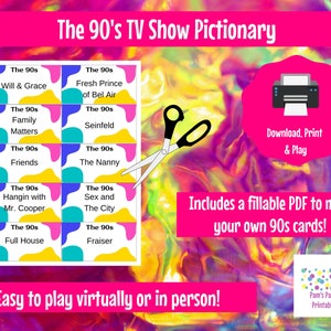 Printable 1990's TV Show Pictionary, Charades, the 90's, 90s Party ...