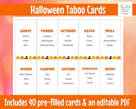 Printable Halloween Taboo Game Cards, Halloween Party Game for ...