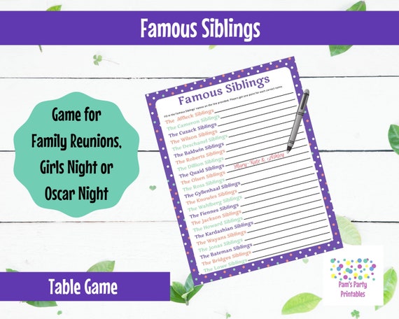 Famous Siblings Game, Family Reunion Game, Table Game, Printable Game ...
