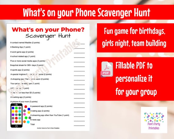 What's on Your Phone Scavenger Hunt Game. Editable PDF - Etsy India