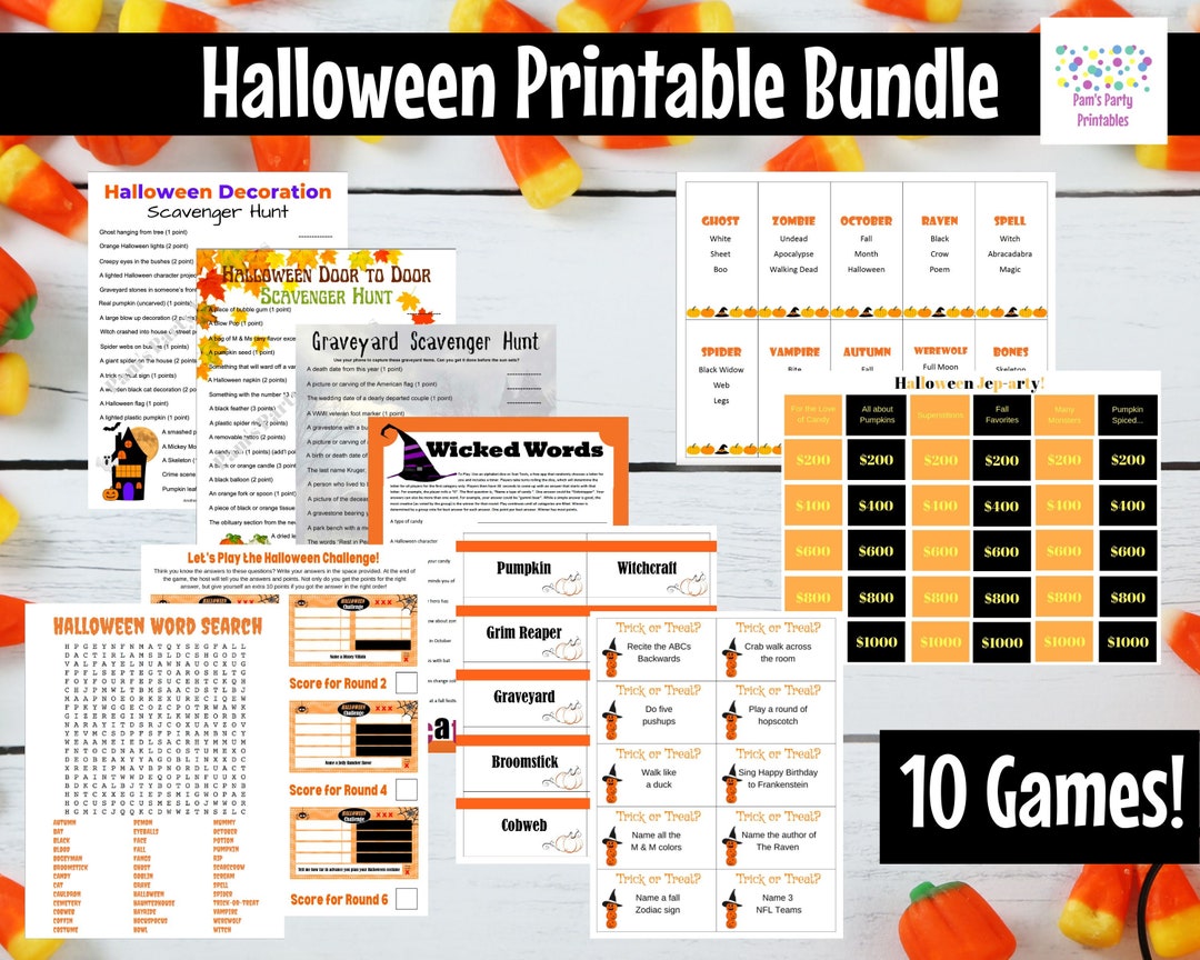 Halloween Printable Game Bundle 10 Games - Taboo, Pictionary, Scavenger ...