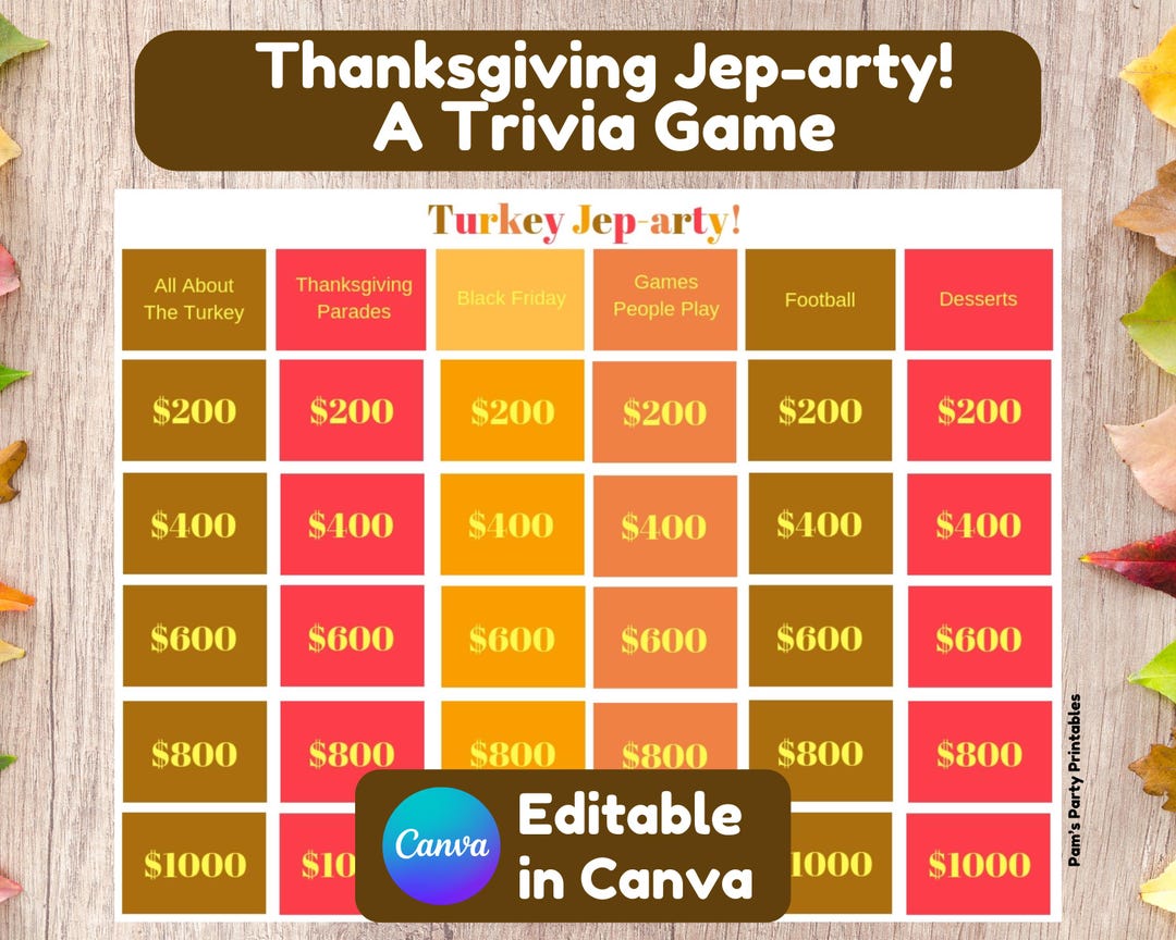 Thanksgiving Trivia Game Jep-arty Printable Fall Game Editable in Canva ...
