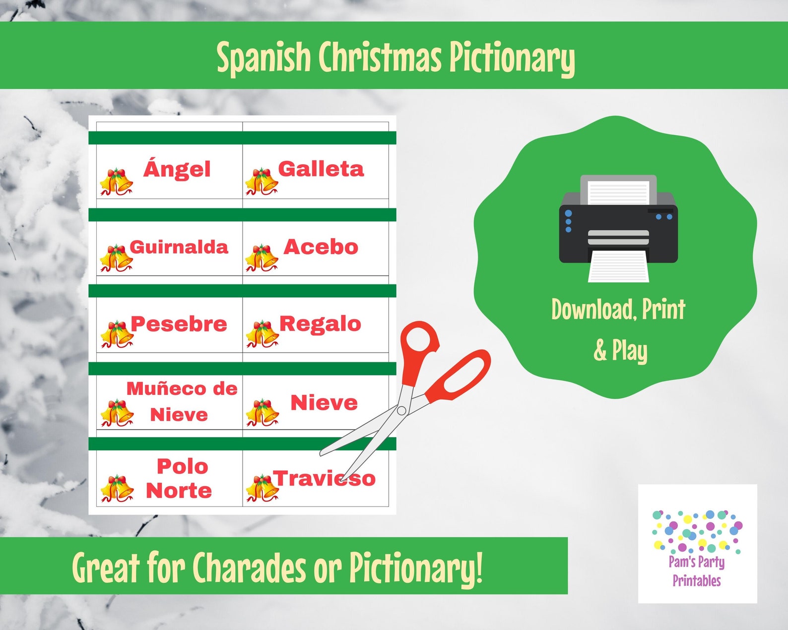 Spanish Christmas Game Cards for Pictionary or Charades, Hangman ...