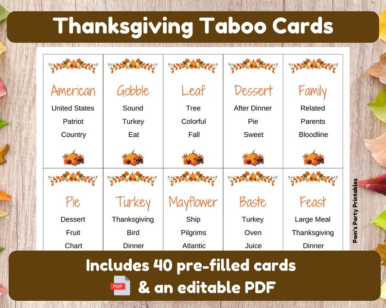 Thanksgiving Taboo Game Printable Cards for Thanksgiving Editable PDF ...