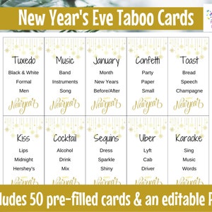 New Year's Eve Taboo Game: 40 Printable Cards (fillable PDF) - Etsy