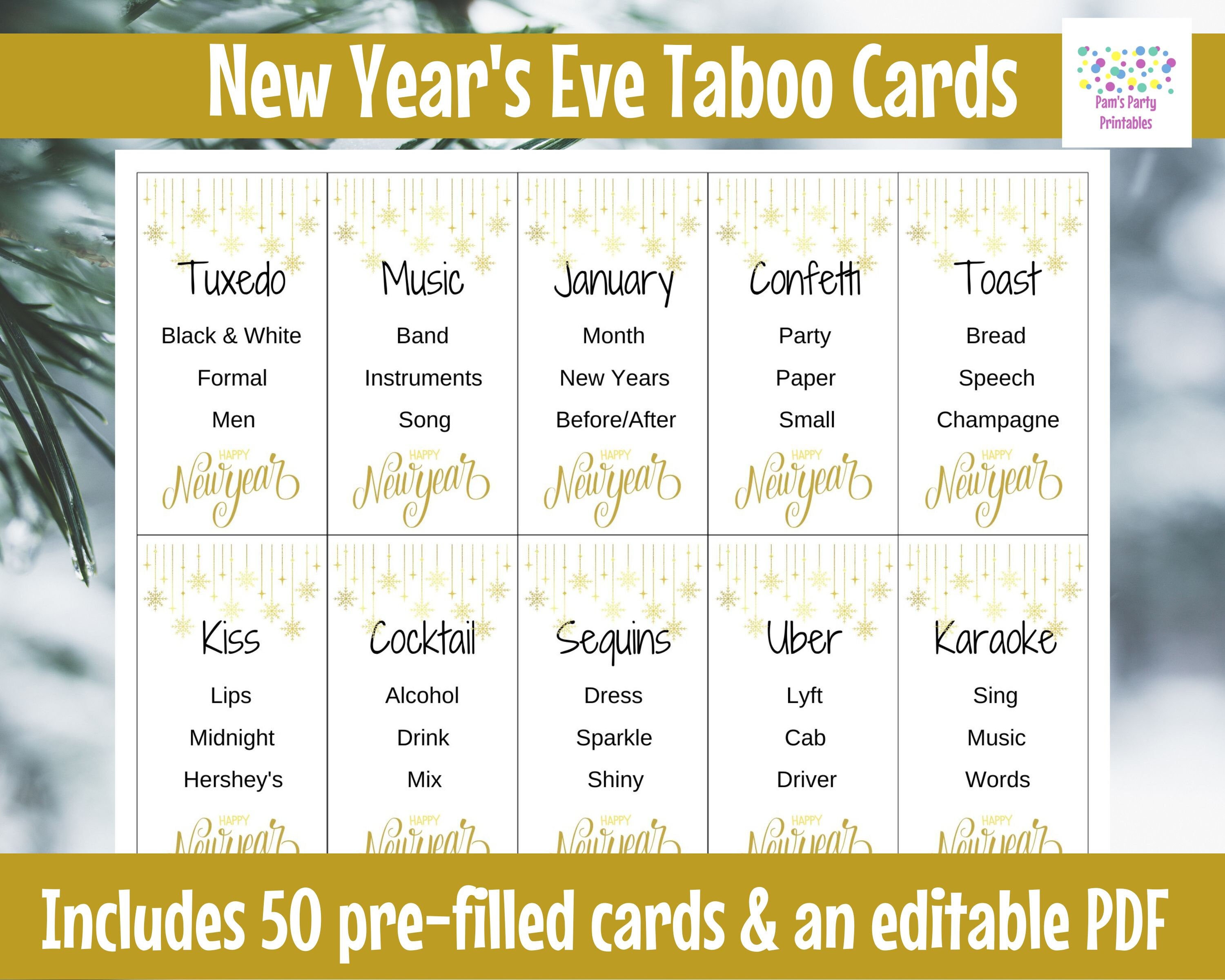 New Year's Eve Taboo Game: 40 Printable Cards (fillable PDF) - Etsy