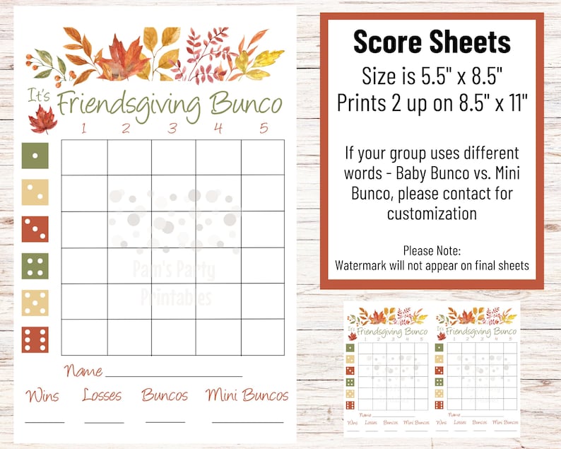 Bunco Sheets for Friendsgiving Score Sheets Fall Autumn Bunco Printable ...