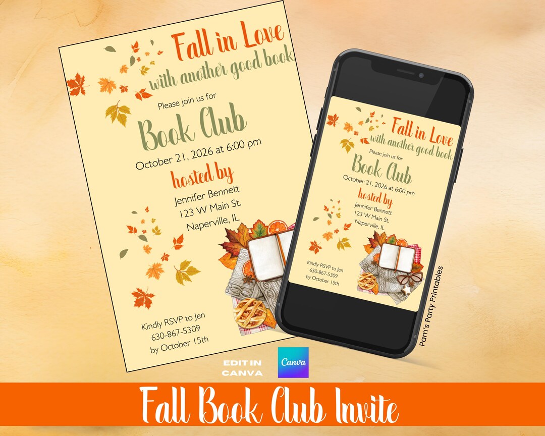 Fall Book Club Invitation Template: Autumn Girls Night, 5x7 Card (canva ...