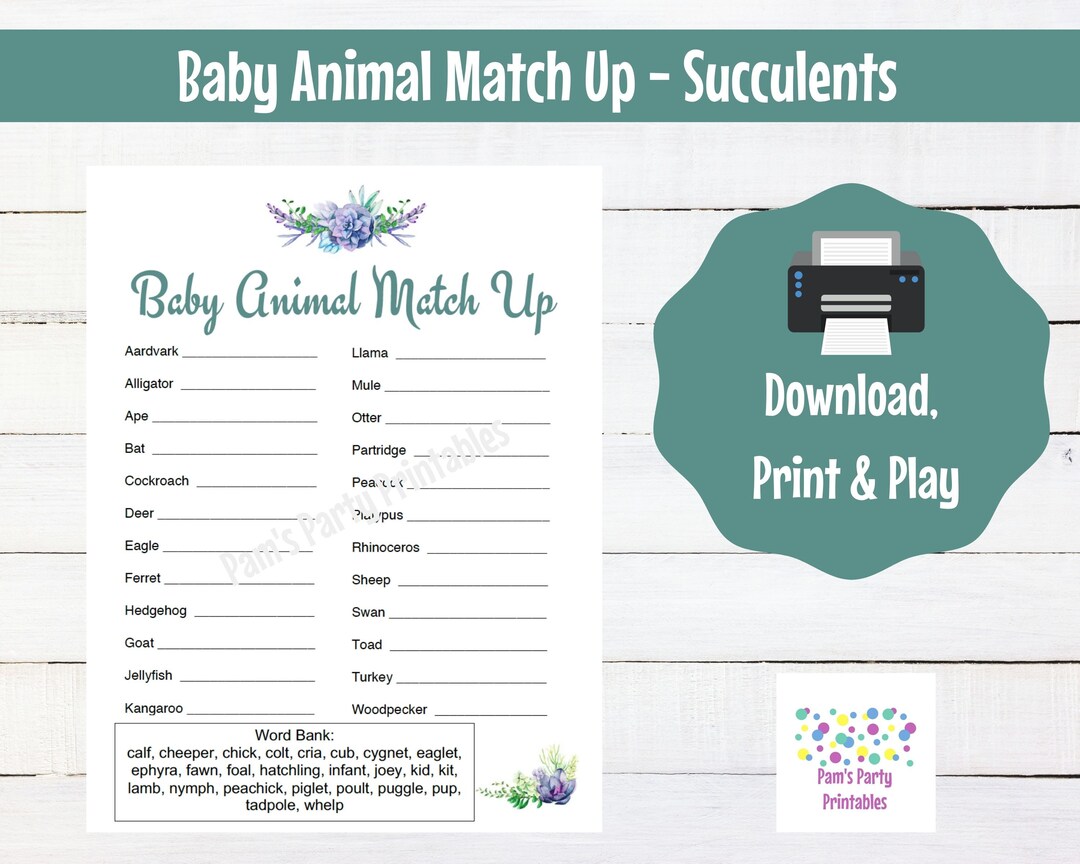 Succulents Themed Baby Shower Baby Shower Baby Animal Match up ...
