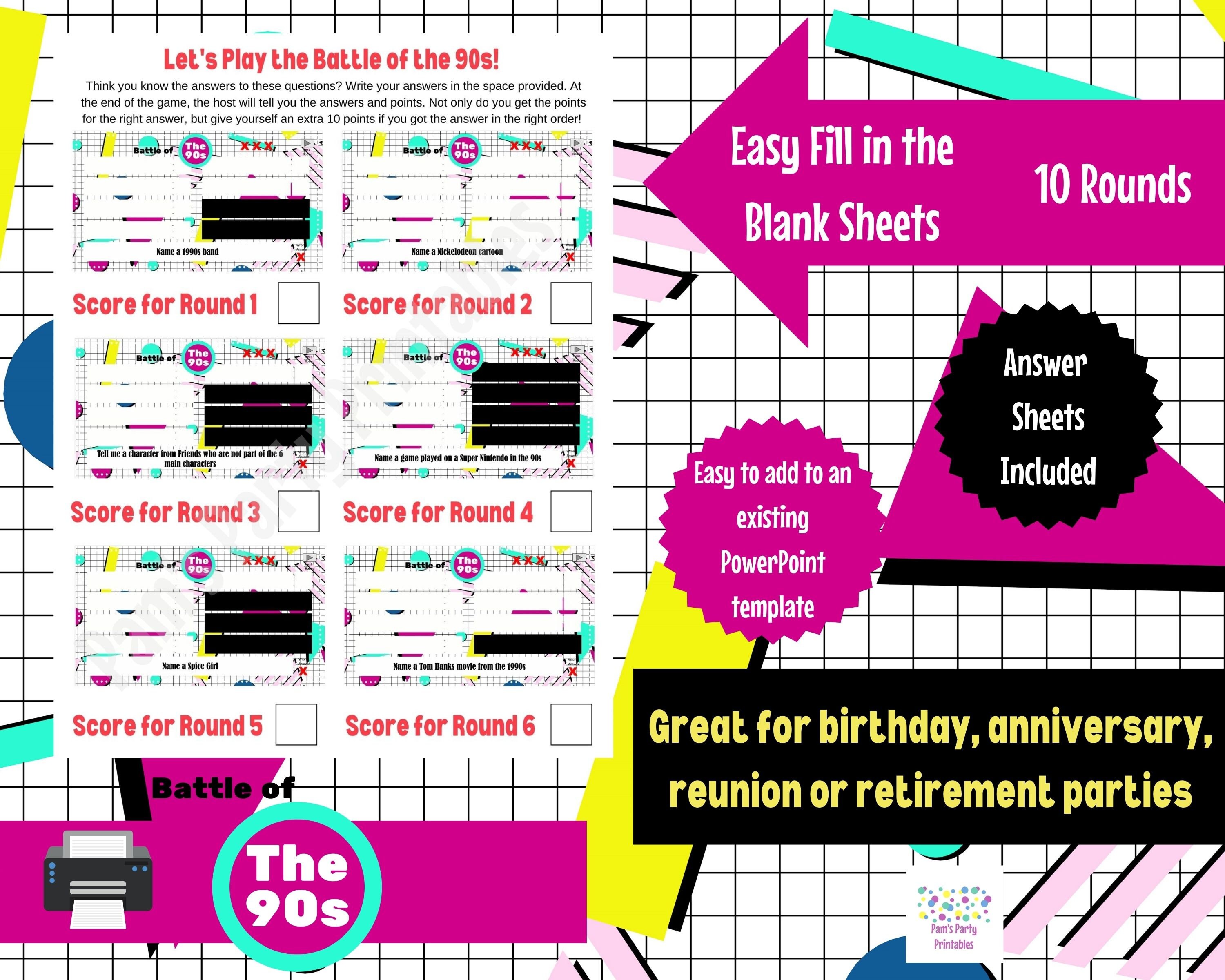 Battle of the 90s Game Show Printable Game, Girls Night, 30th Birthday ...