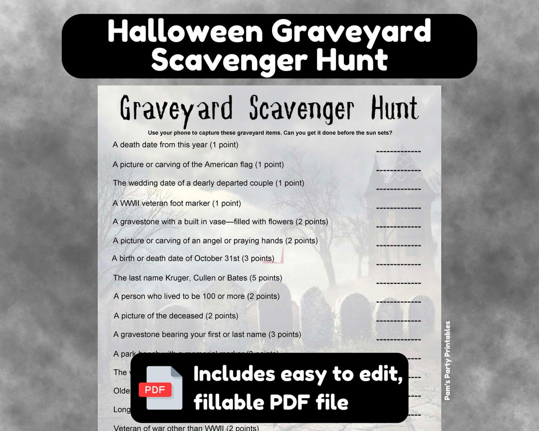Printable Graveyard Scavenger Hunt Editable PDF Halloween Game Outdoor ...